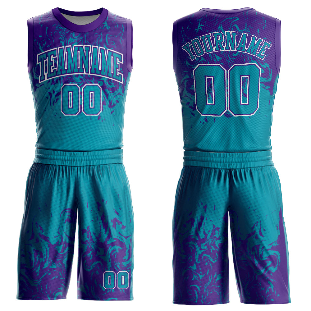 Cheap Custom Teal Purple-White Round Neck Sublimation Basketball Suit ...