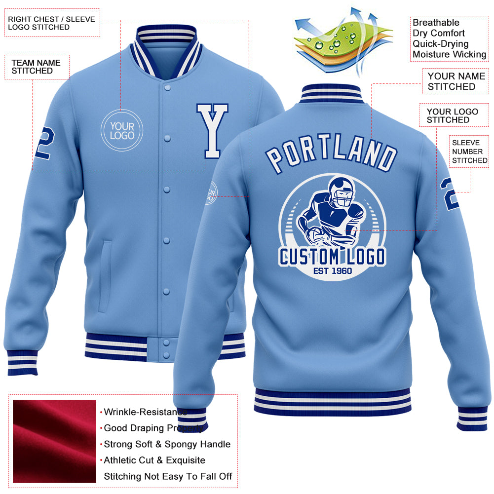 Cheap Custom Light Blue White-Royal Bomber Full-Snap Varsity Letterman ...
