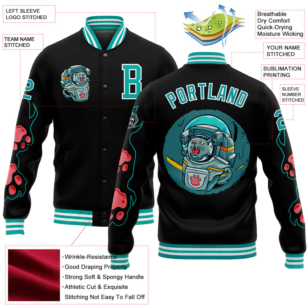 Cheap Custom Black Aqua-White Seated Cat 3D Pattern Design Bomber Full ...