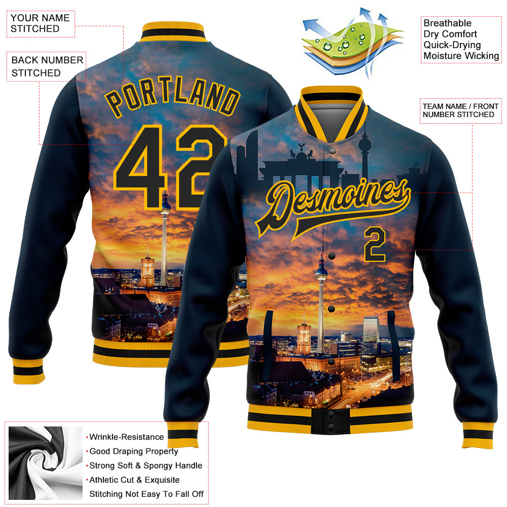 Cheap Custom Navy Black-Gold Berlin Germany City Edition 3D Bomber Full ...