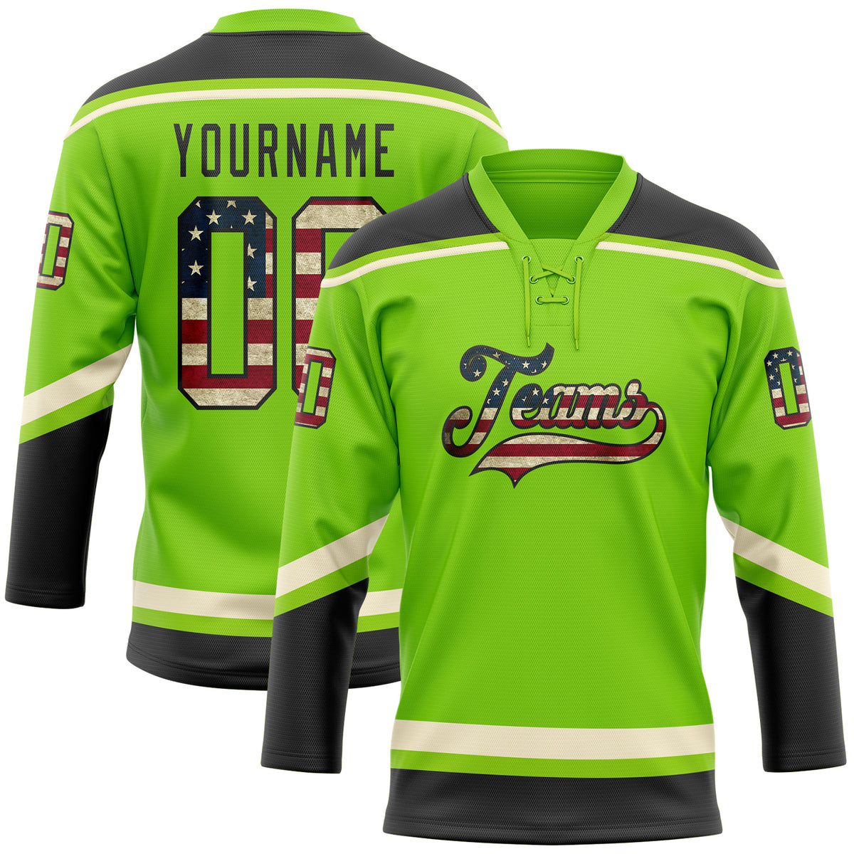 Cheap Custom Neon Green Vintage USA Flag Black-Cream Hockey Lace Neck ...